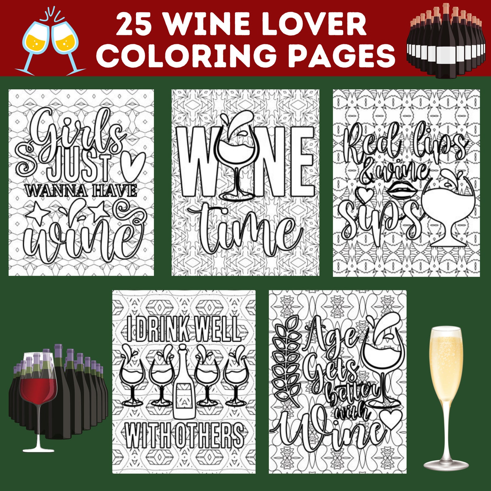 25 Printable Wine Lover Coloring Pages Bundle, Wine Lover Quote ...