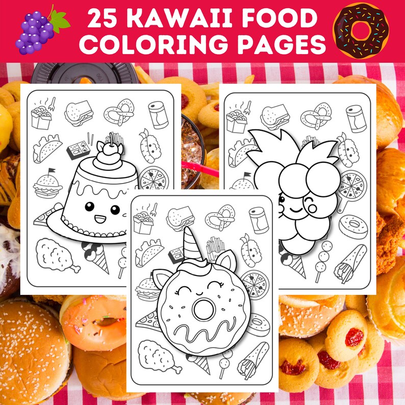 25 Cute Kawaii Food Coloring Pages Bundle, Sweets, Desserts, Cakes to ...