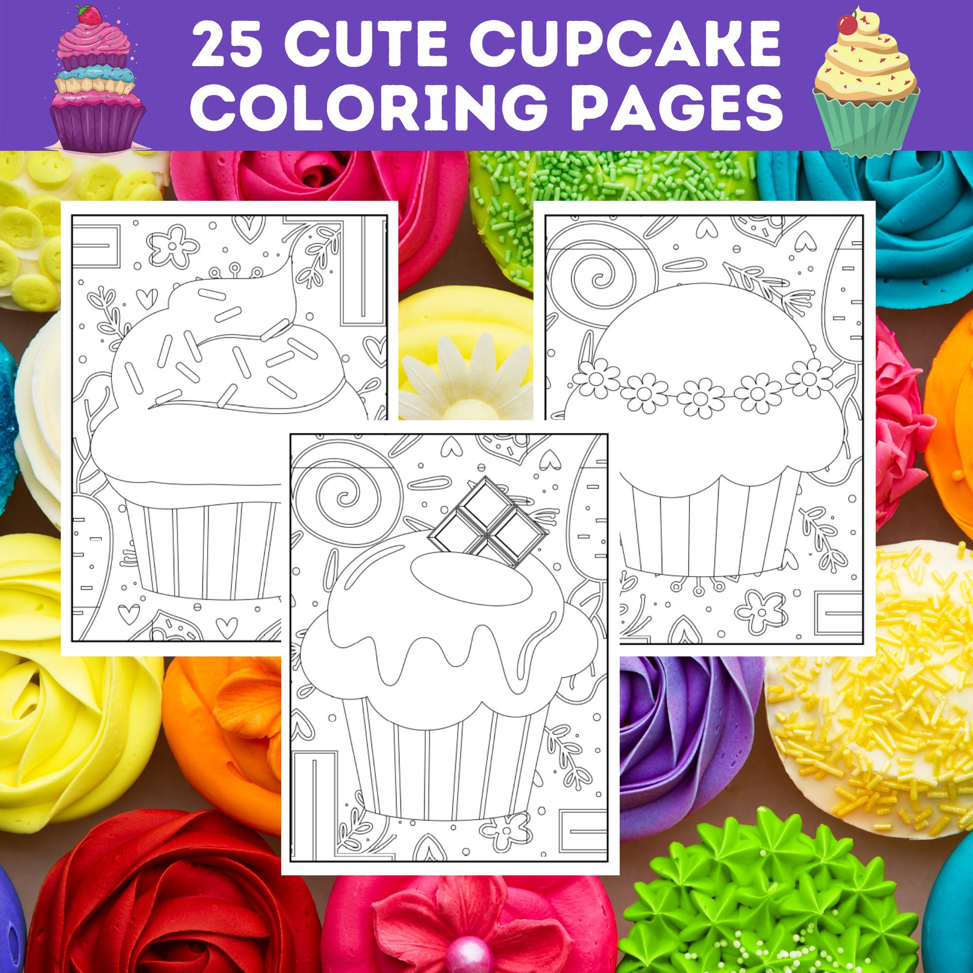 25 Cute Cupcake Coloring Pages Bundle, Sweets, Desserts, Cupcakes to ...