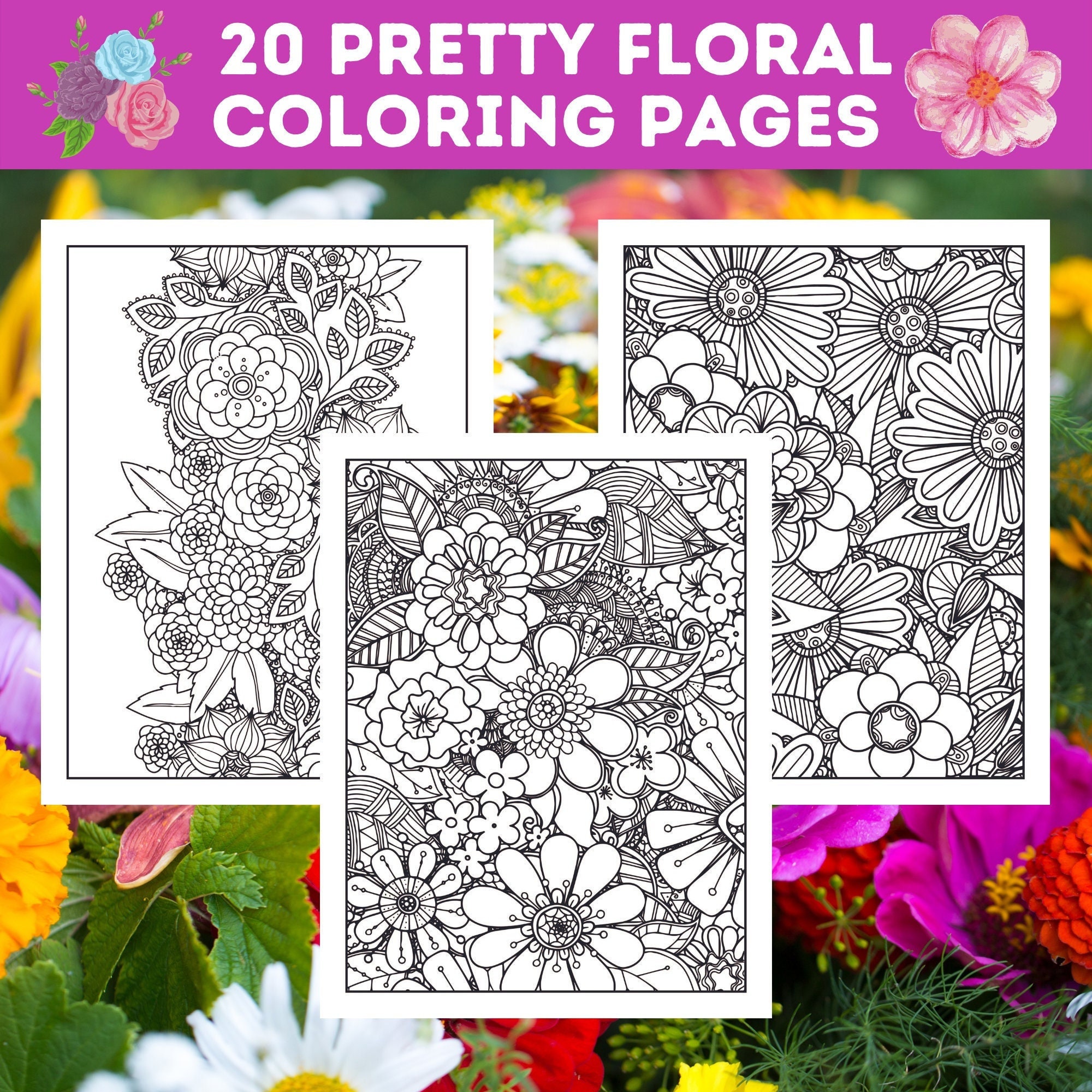 20 Pretty Floral Coloring Pages Bundle, Beautiful Flowers Coloring Book ...