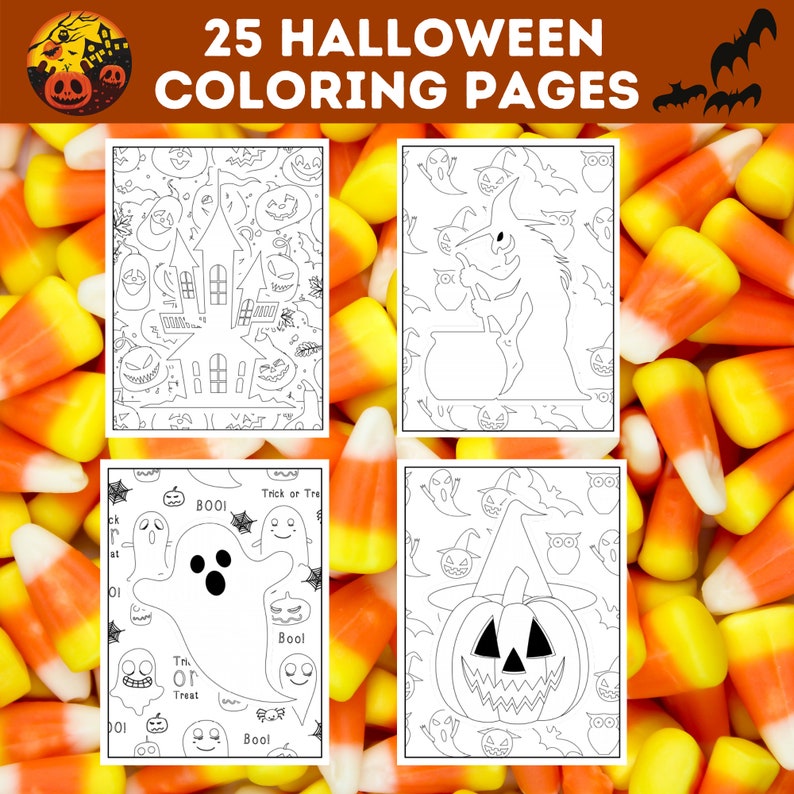 25 Kids Halloween Coloring Pages Bundle, Ghosts, Witches, Jackolanterns ...