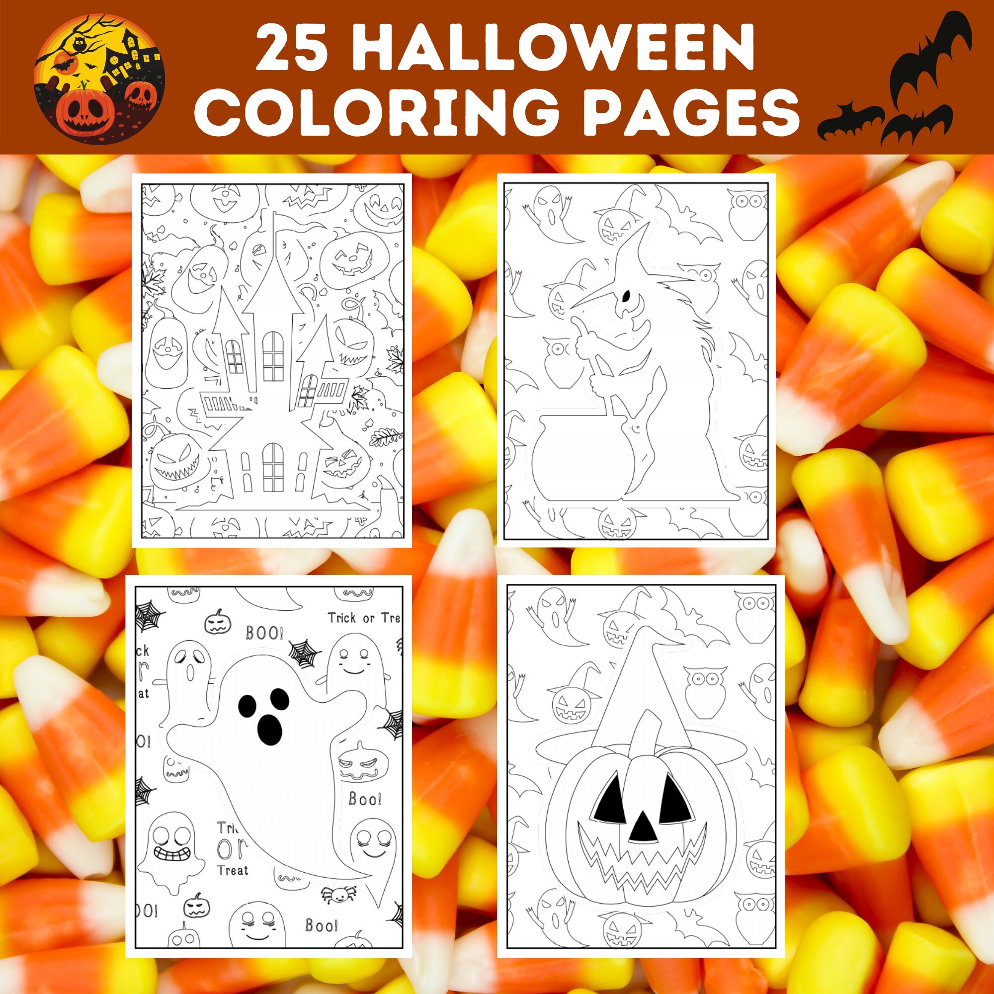 25 Kids Halloween Coloring Pages Bundle, Ghosts, Witches, Jackolanterns ...