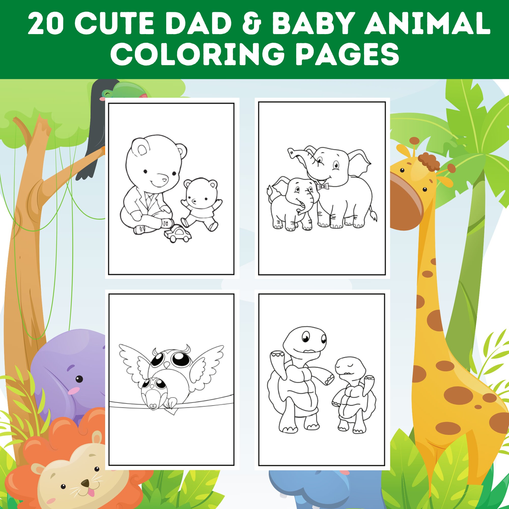 20 Cute Dad and Baby Animal Coloring Pages Bundle, Cute Baby Animal ...