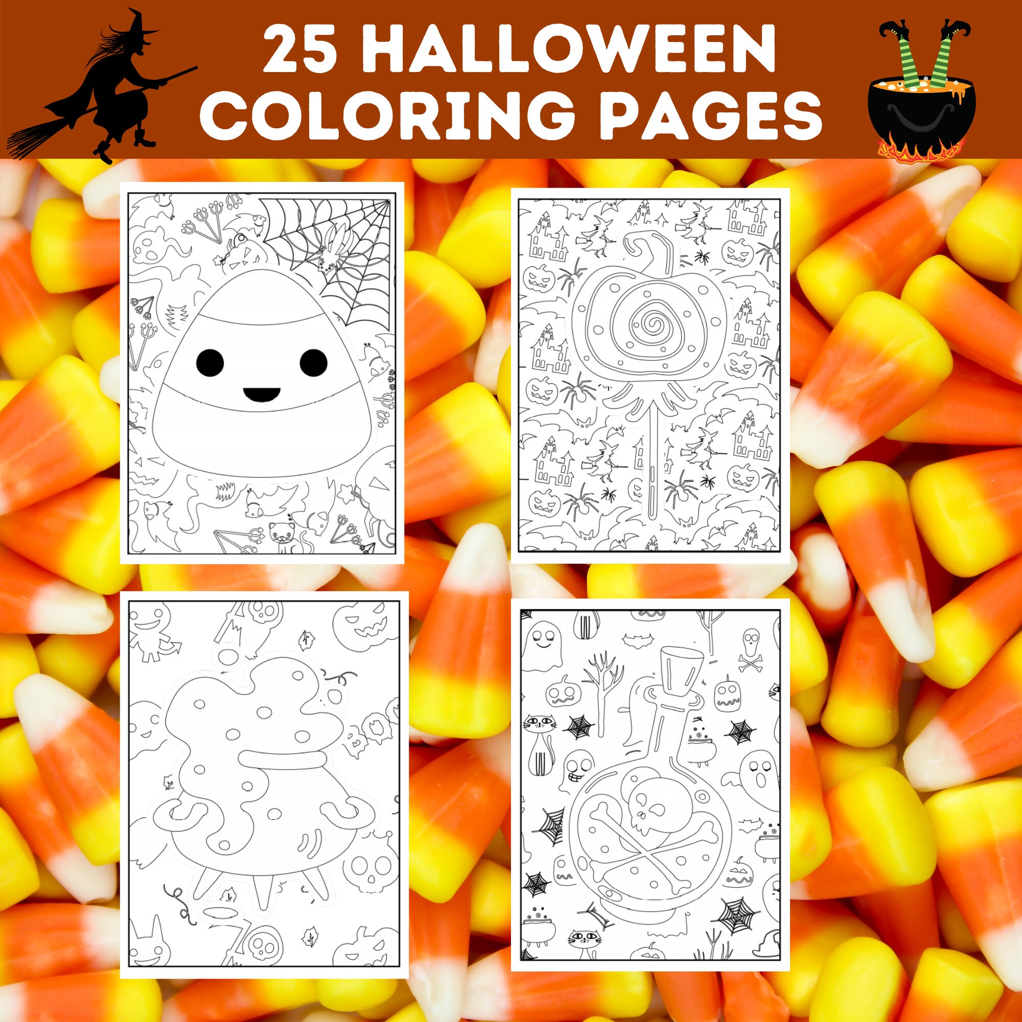 25 Kids Halloween Coloring Pages Bundle, Ghosts, Witches, Jackolanterns ...