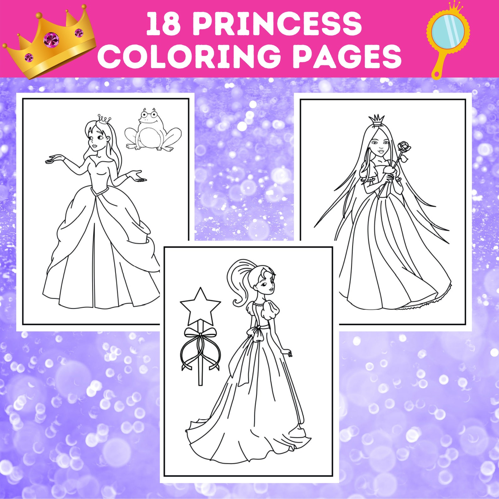 18 Printable Princess Coloring Pages Bundle, Pretty Princess Printables ...