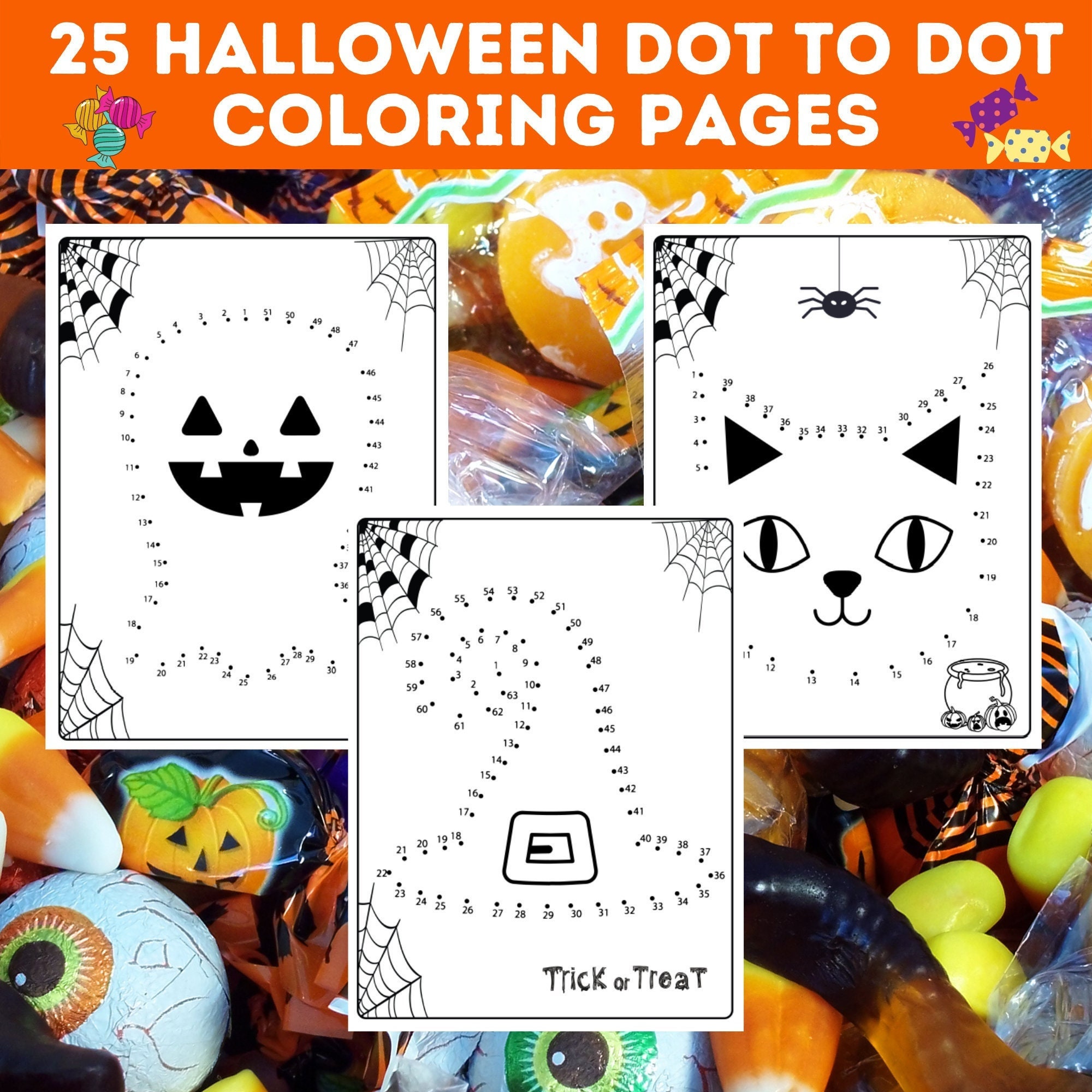 25 Kids Halloween Dot to Dot Coloring Pages Bundle, Ghosts, Witches ...