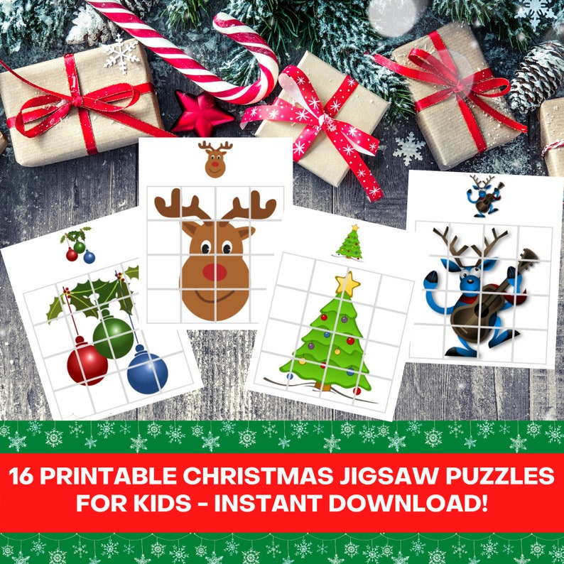 16 Printable Christmas Jigsaw Puzzles Bundle, Each Jigsaw Has 16 Pieces ...