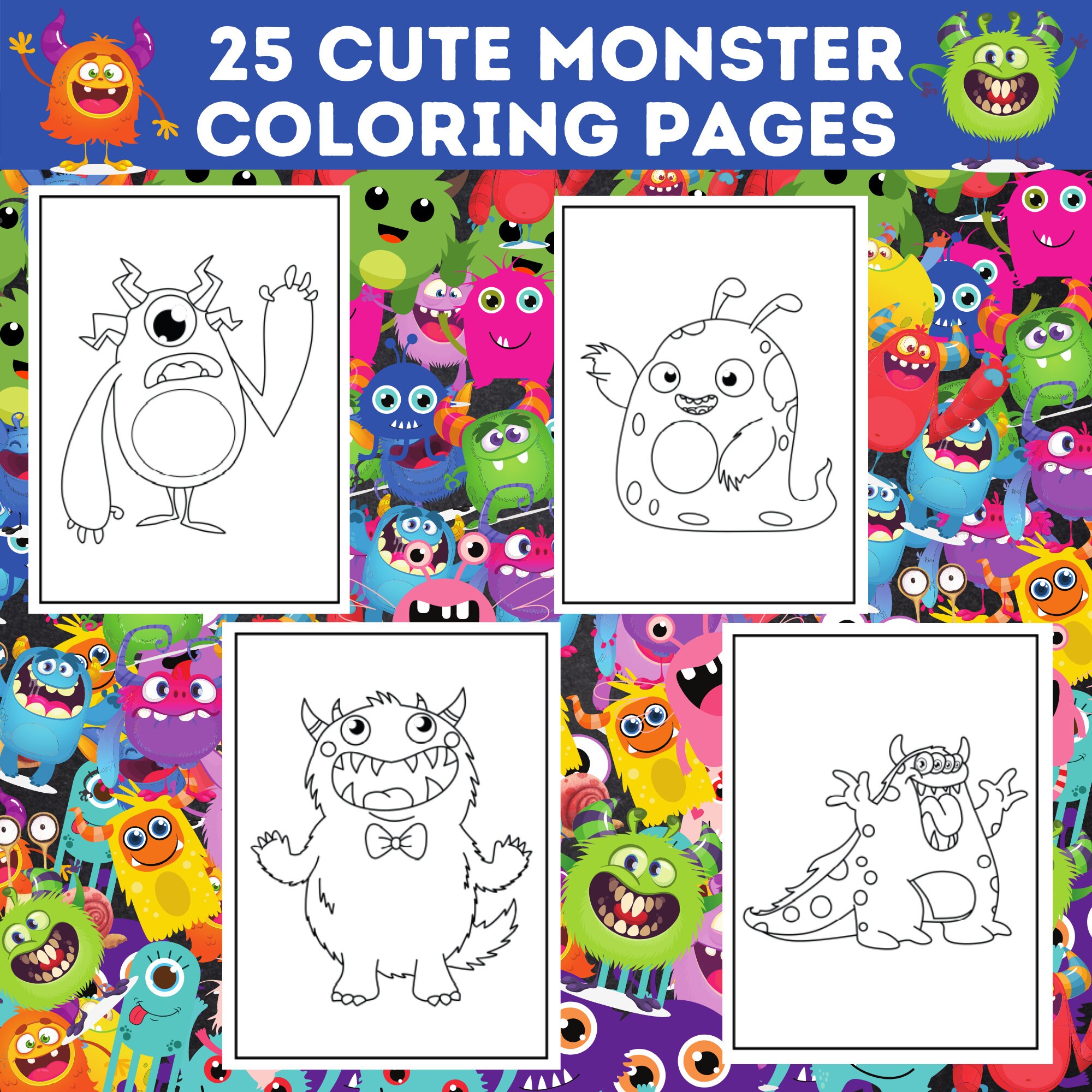 25 Cute Monster Coloring Pages Bundle, Funny Monster Printable to Color ...