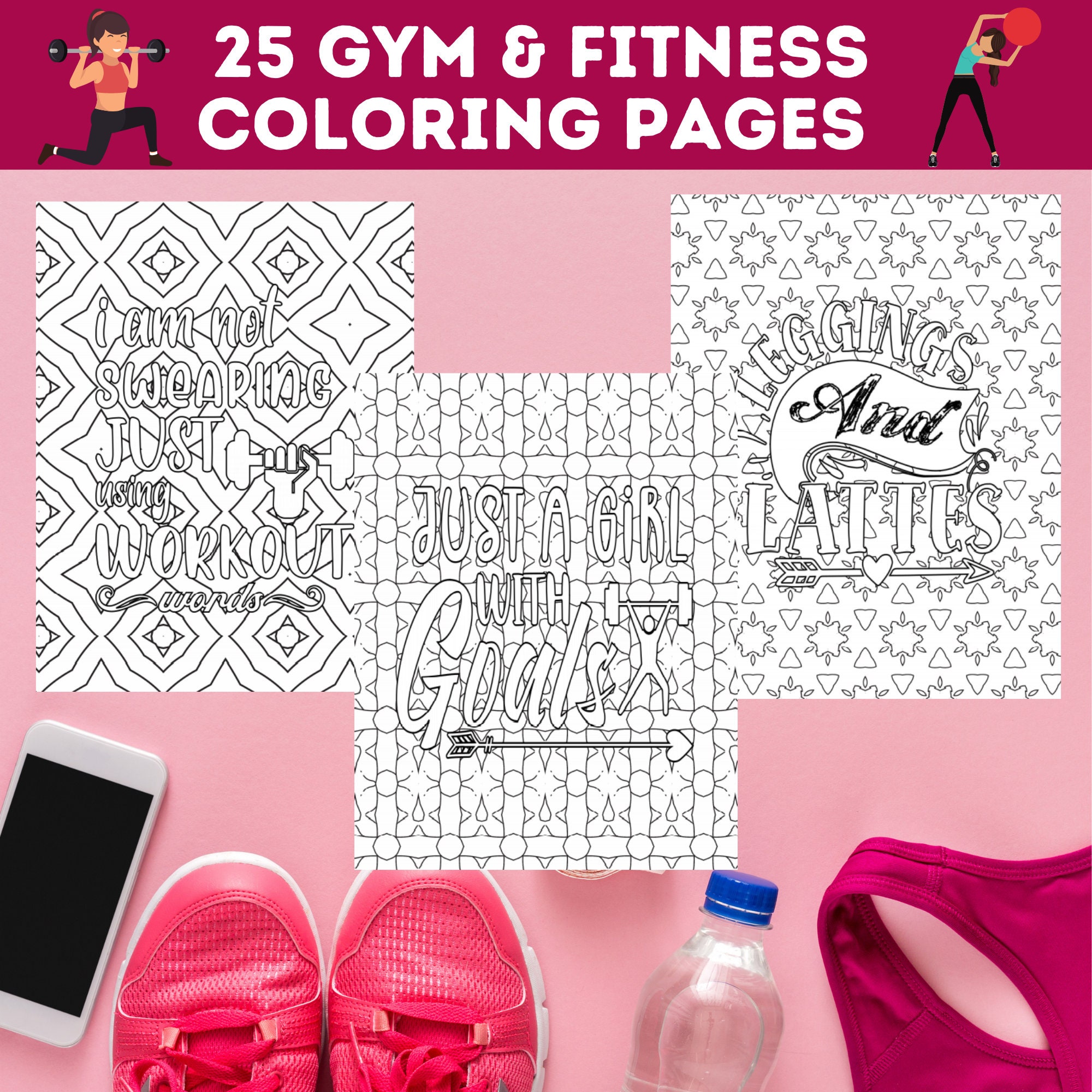 25 Printable Gym and Fitness Coloring Pages Bundle, Funny and ...