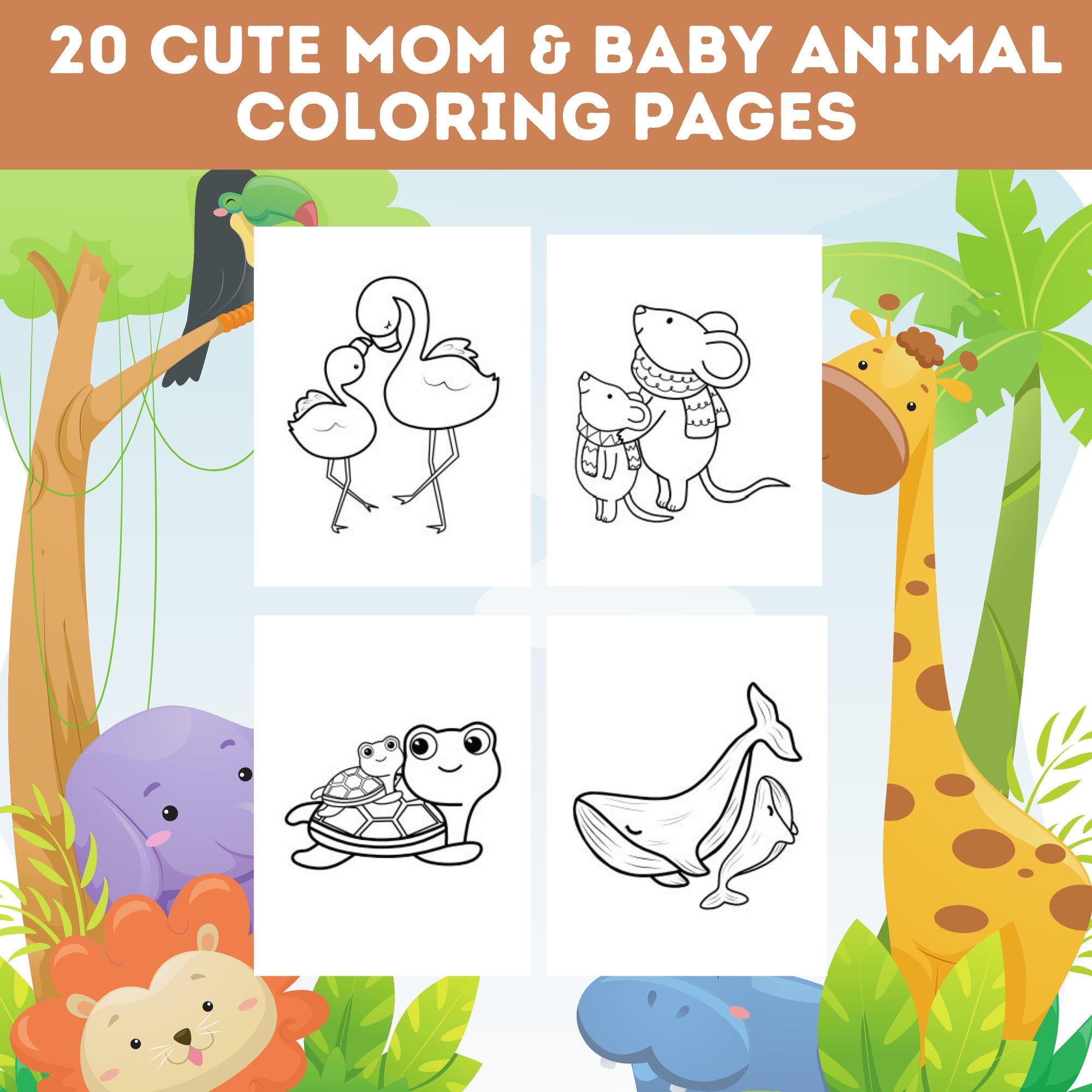 20 Cute Mom and Baby Animal Coloring Pages Bundle, Cute Baby Animal ...