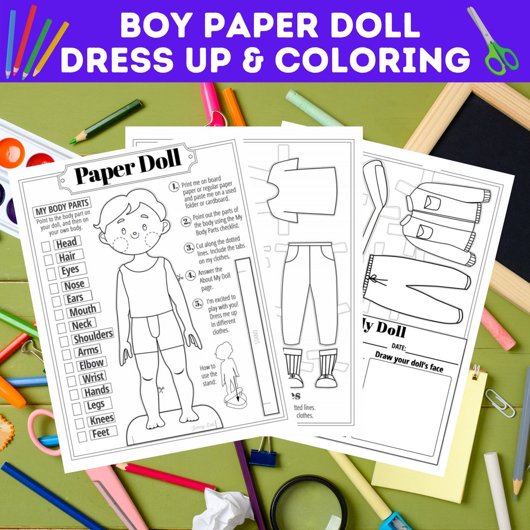 Boy Paper Doll Dress up and Coloring Pages, Comes With Stand, Body ...