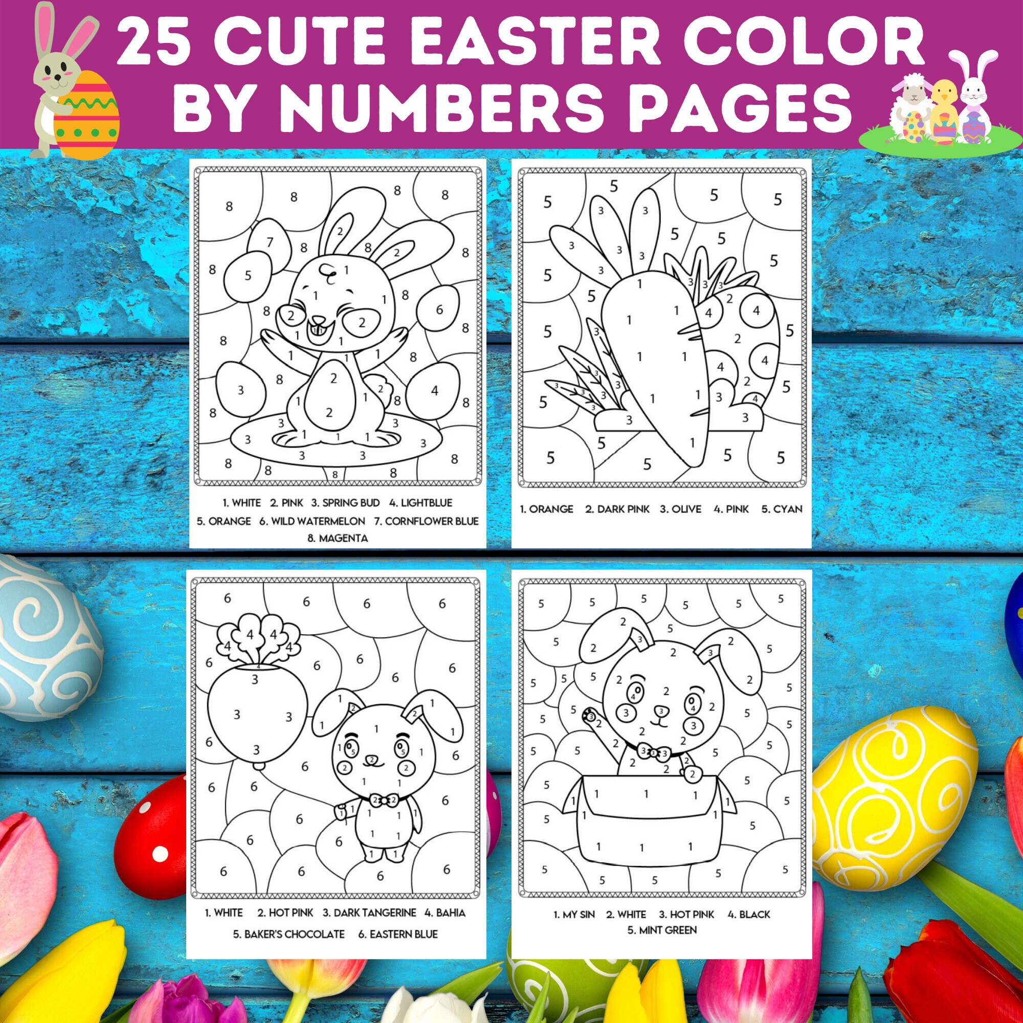 25 Cute Easter Color by Number Coloring Page Bundle, Kids Easter ...