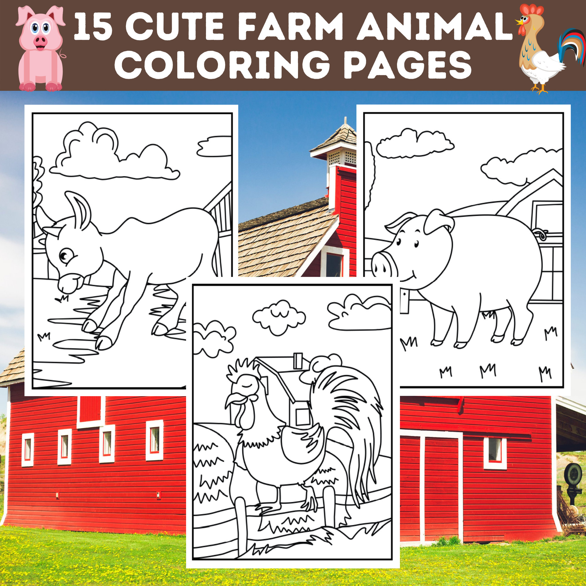 15 Cute Farm Animal Kids Coloring Pages Bundle, Cow, Horse, Pig, Goat ...