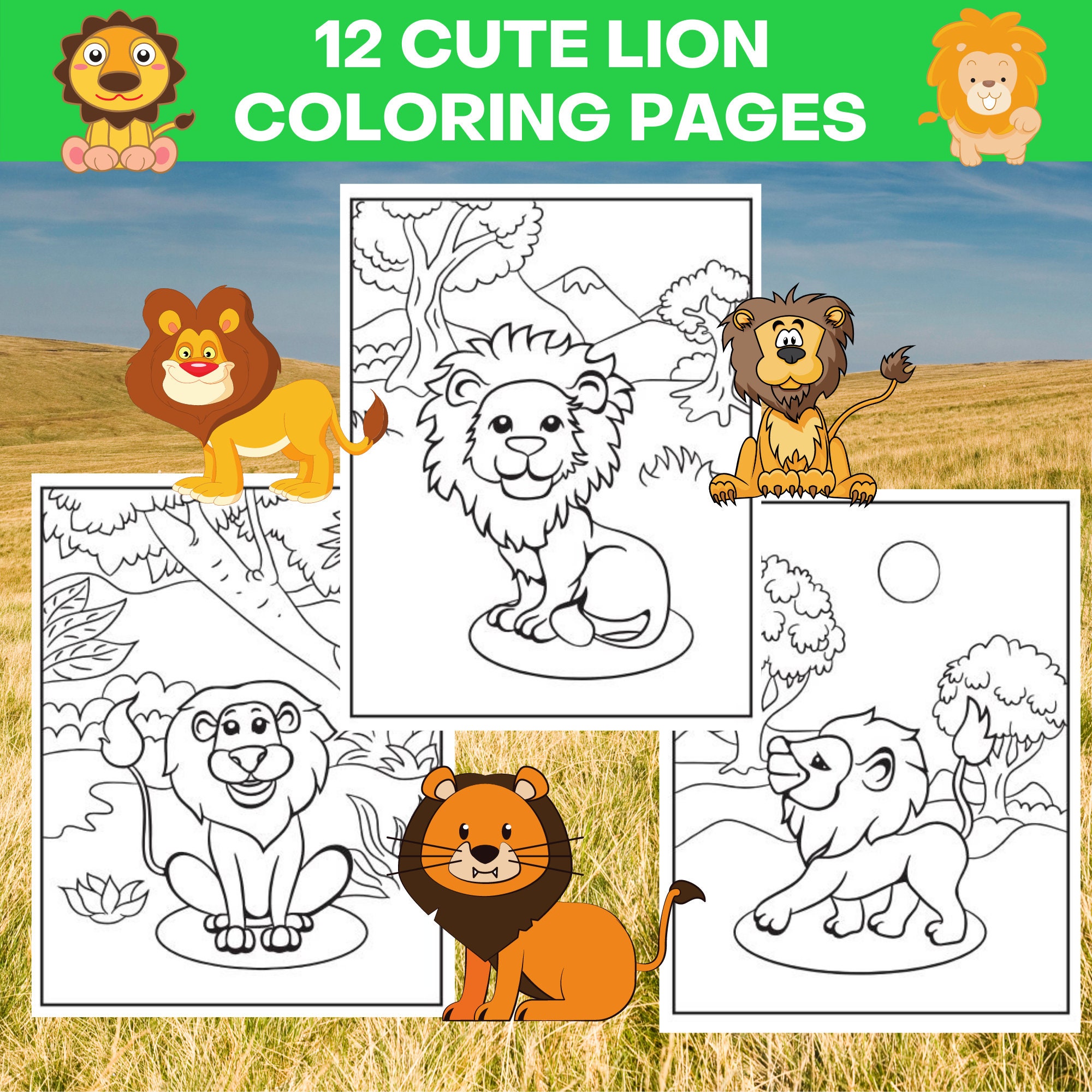 12 Printable Lion Coloring Pages Bundle Cute Lion Printable - Etsy
