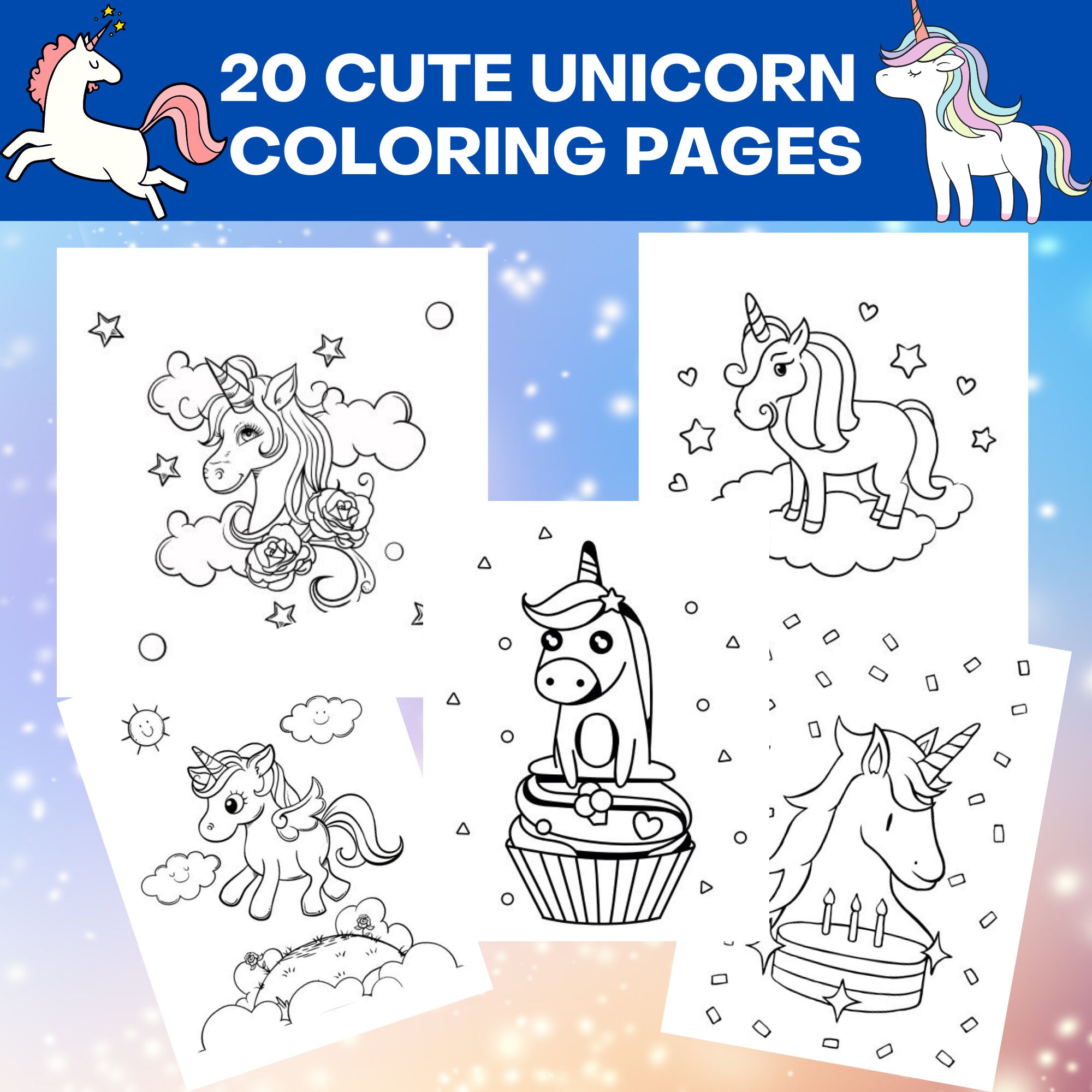 20 Printable Unicorn Coloring Pages Bundle Cute Unicorn - Etsy