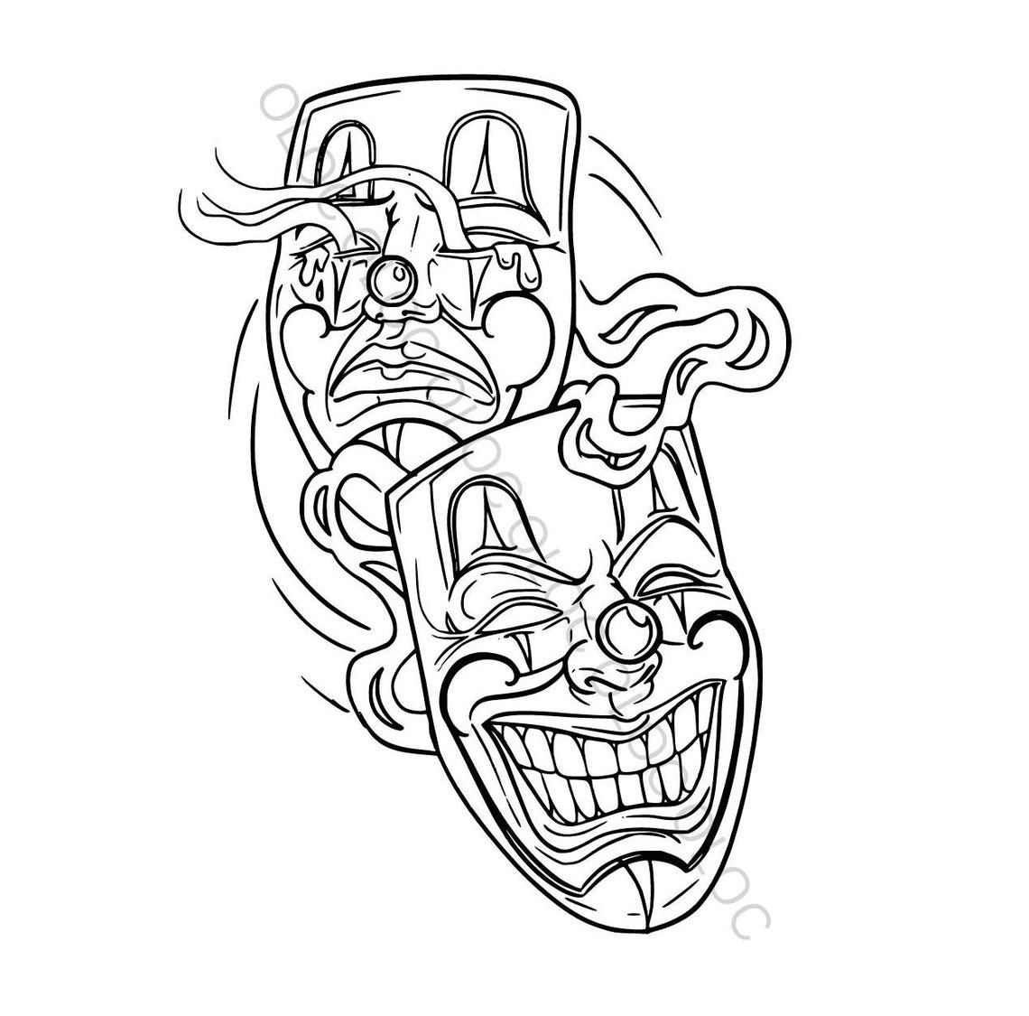 Drama Masks Clip Art PNG SVG JPG Digital Download Tattoo Stencil Art ...