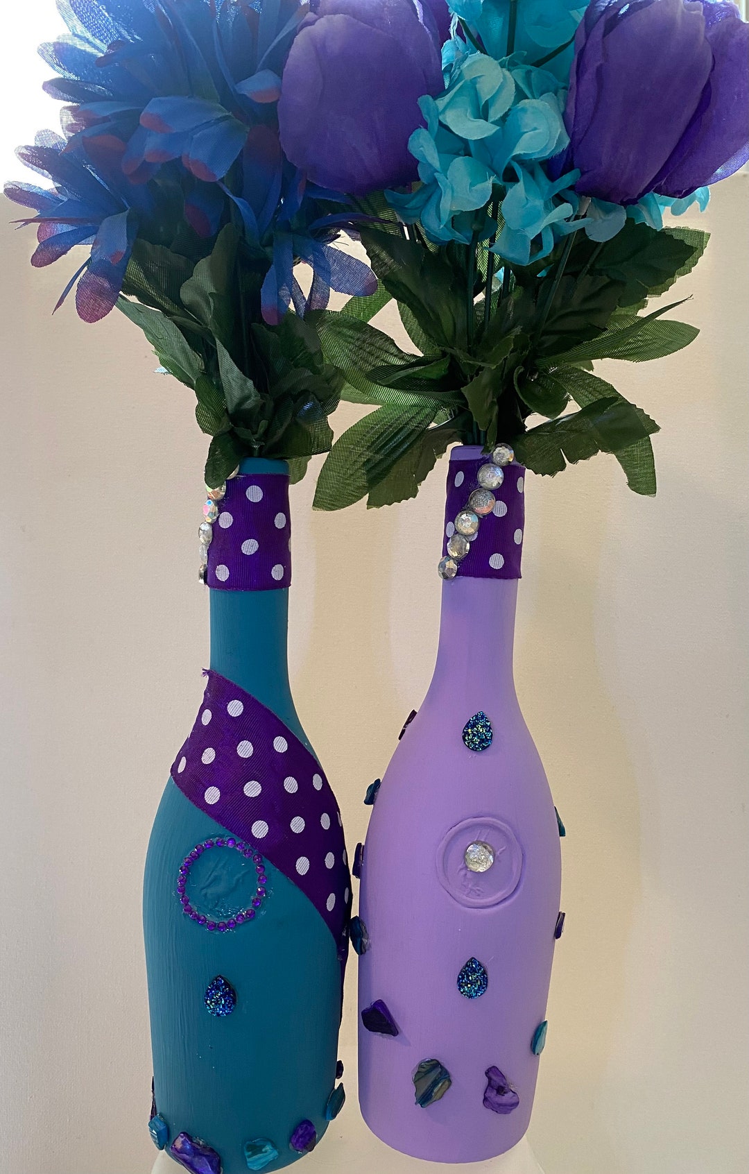 Wine Bottle|decor|home Decor|purple|pooka Dots |hand Paint|spots|stones ...