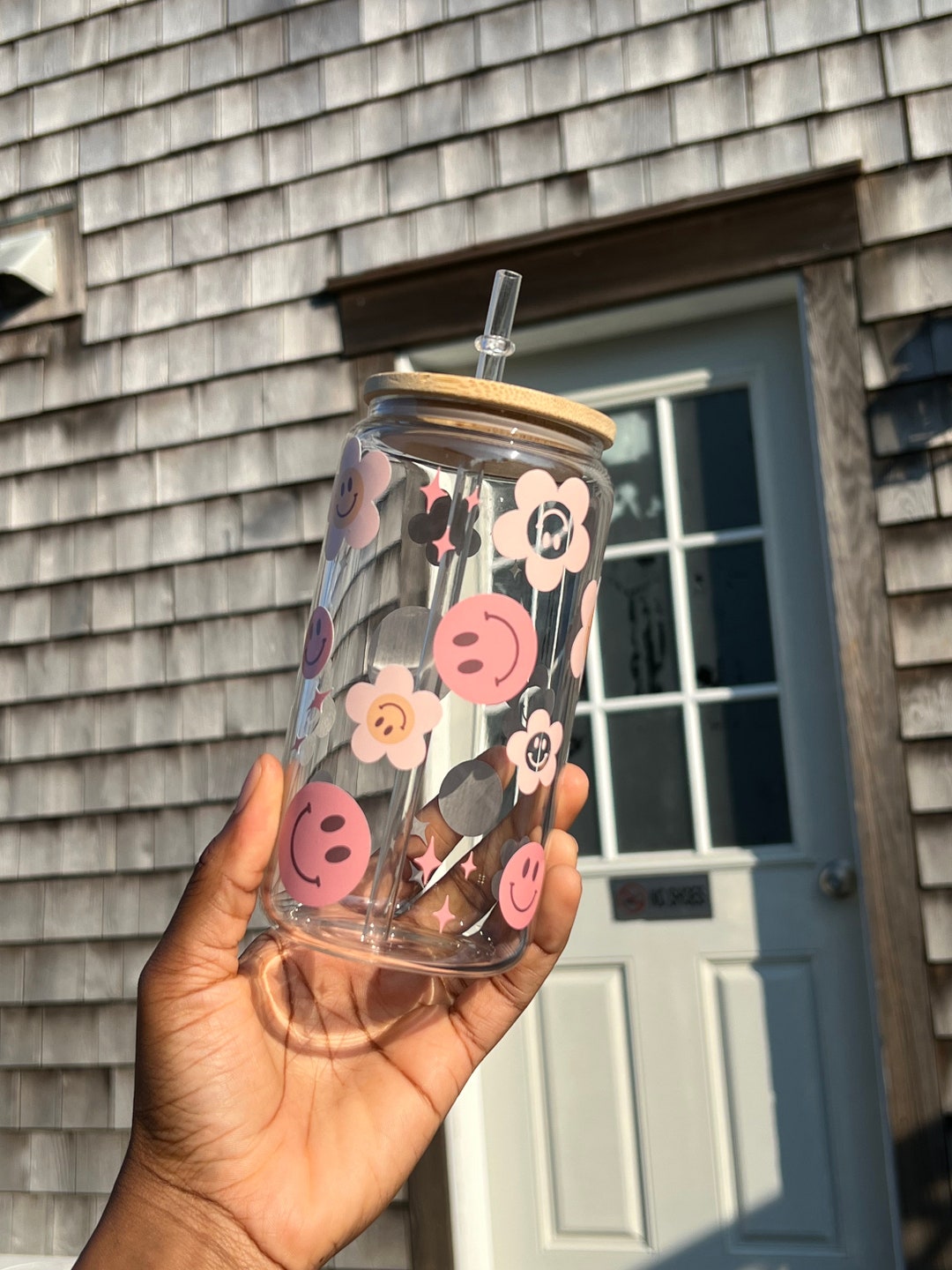 Floral Smile Face Retro Beer Glass Can 16oz Glass Can - Etsy