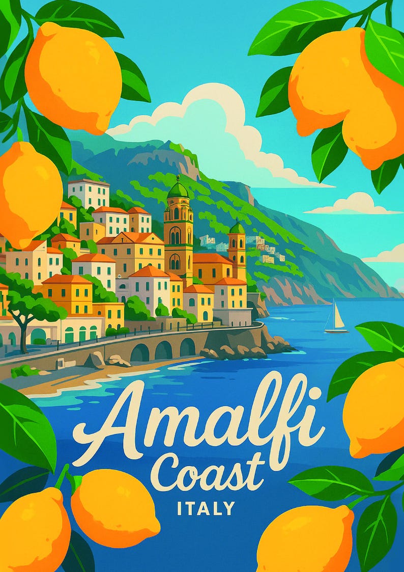 Amalfi Coast Poster – Vintage Digital Print With Lemons & Coastal ...