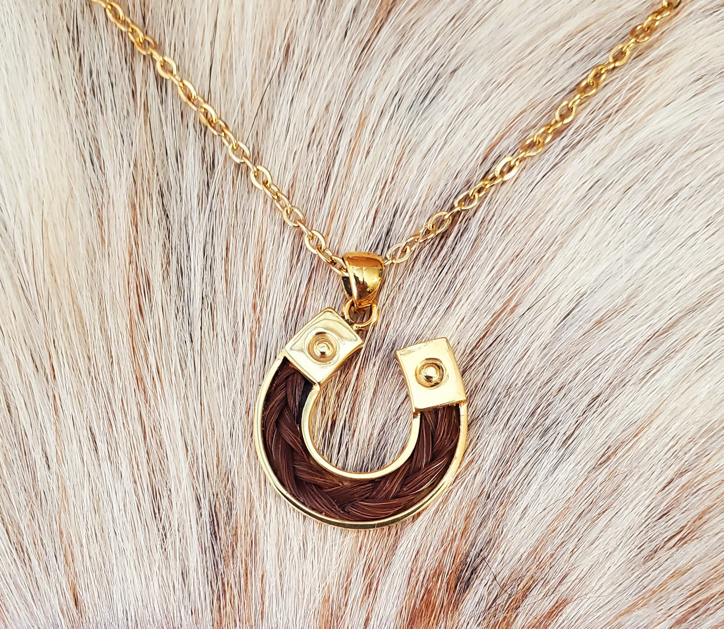 Horsehair Horseshoe Pendant Necklace, 24K Gold Overlay 925 Sterling ...