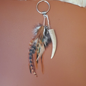Keychain With Deer Horn Antler Tip and Feathers, Handmade Keyring ...