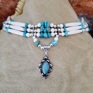 Native Hairpipe Choker With Silver Feather, Turquoise Chip and Bone ...