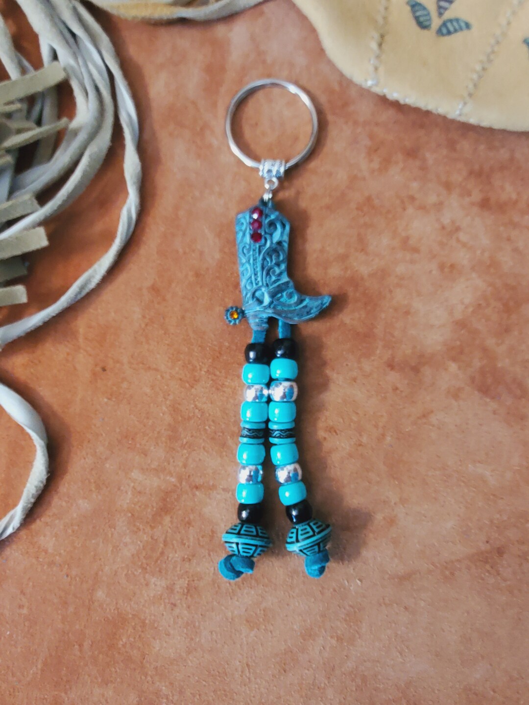 Boot Key Chain Turquoise Cowboy Boot and Beads on Suede Lace Key Ring ...