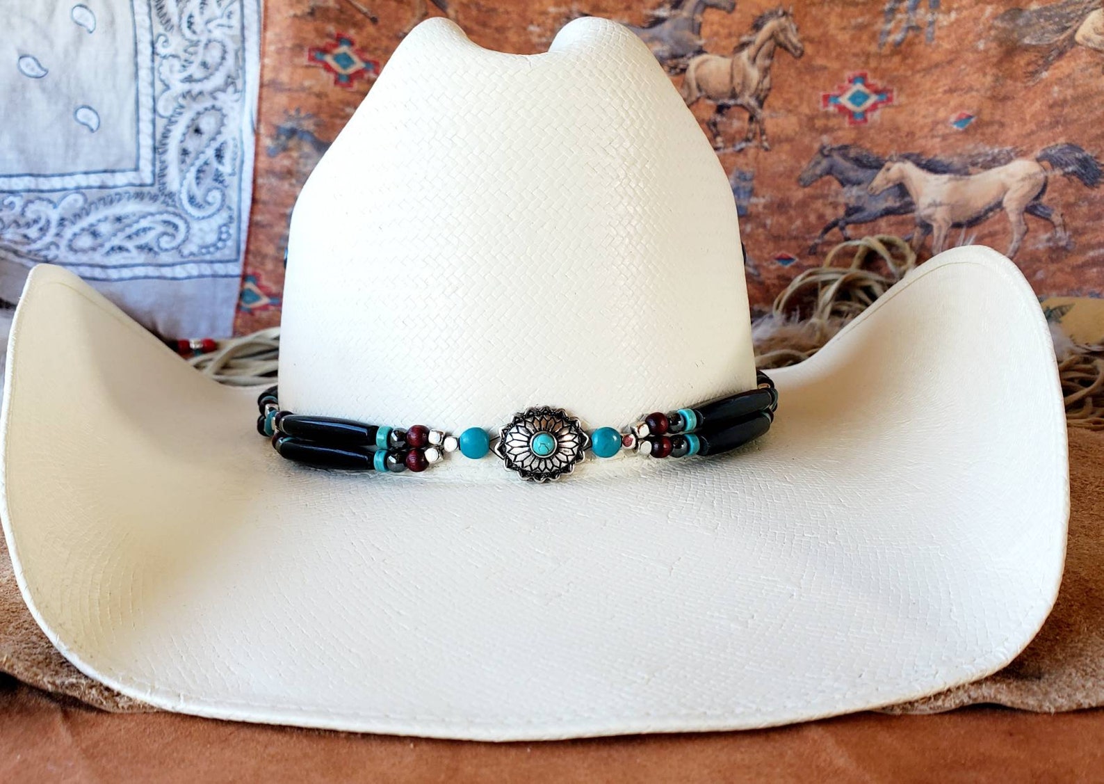 Silver Concho Hat Band Black Horn Hairpipe Beaded Hatband - Etsy