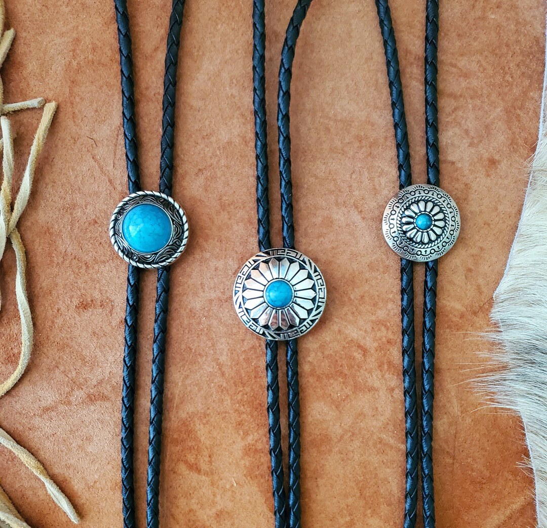 Custom Bolo Tie With Concho, Black or Brown Braided Leather Cord, Choose Centerpiece and Custom ...