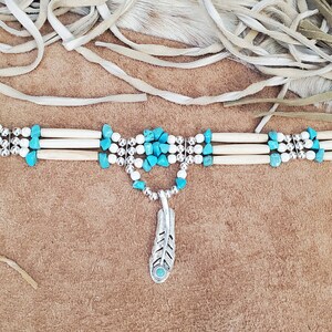 Native Hairpipe Choker With Silver Feather, Turquoise Chip and Bone ...