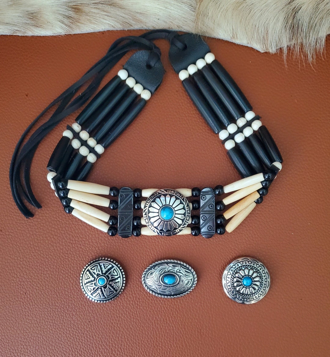 Concho Native American Indian Style Choker, Black Buffalo Horn, Antique ...