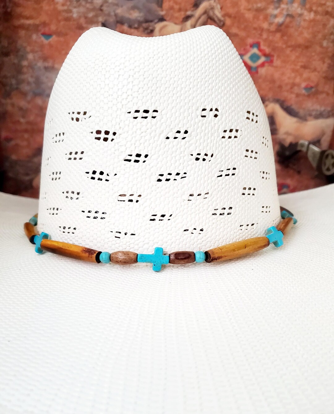 Cross Hat Band, Handmade - 1 Row Hairpipe Bead Hatband - Western Cowboy ...