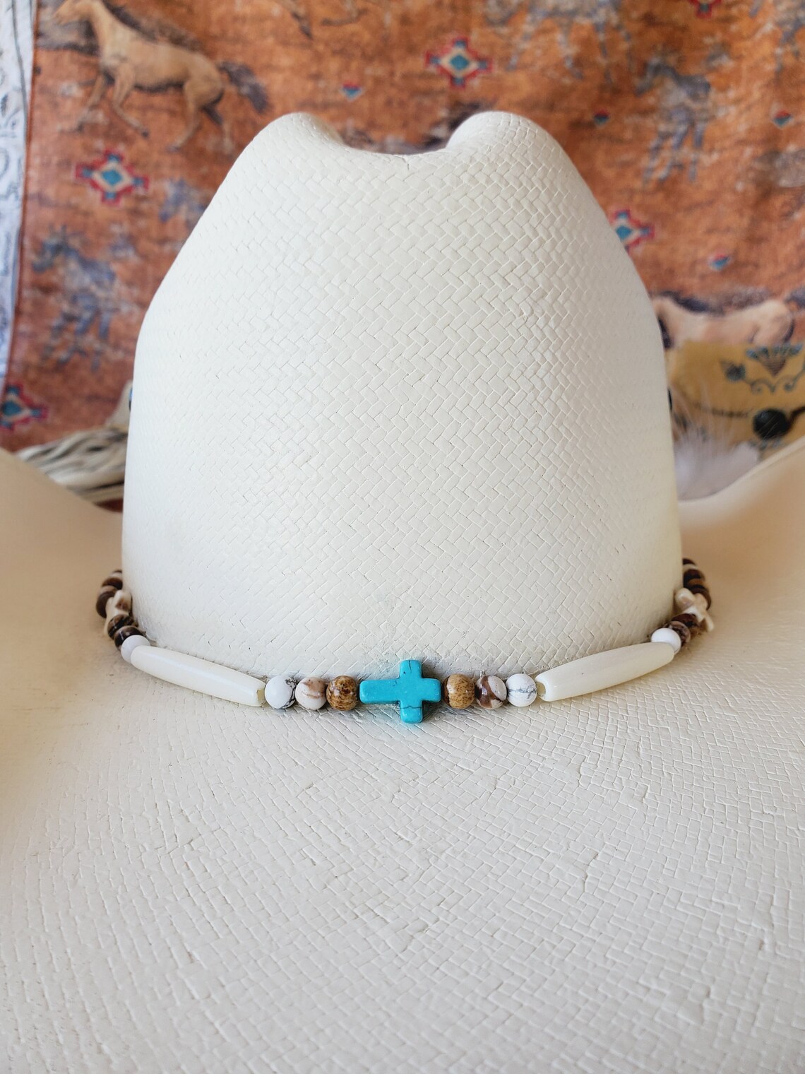 Cross Hat Band, Western Bone or Turquoise Howlite Cross and Hairpipe ...