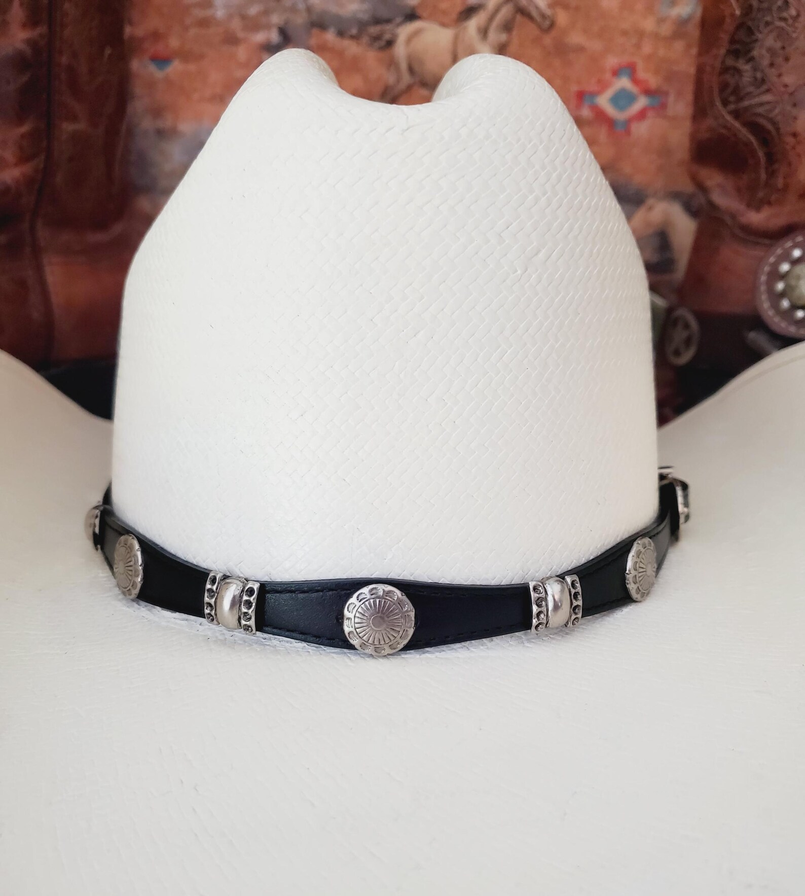 Concho Leather Hat Band - Black or Brown, Adjustable, Decorative ...