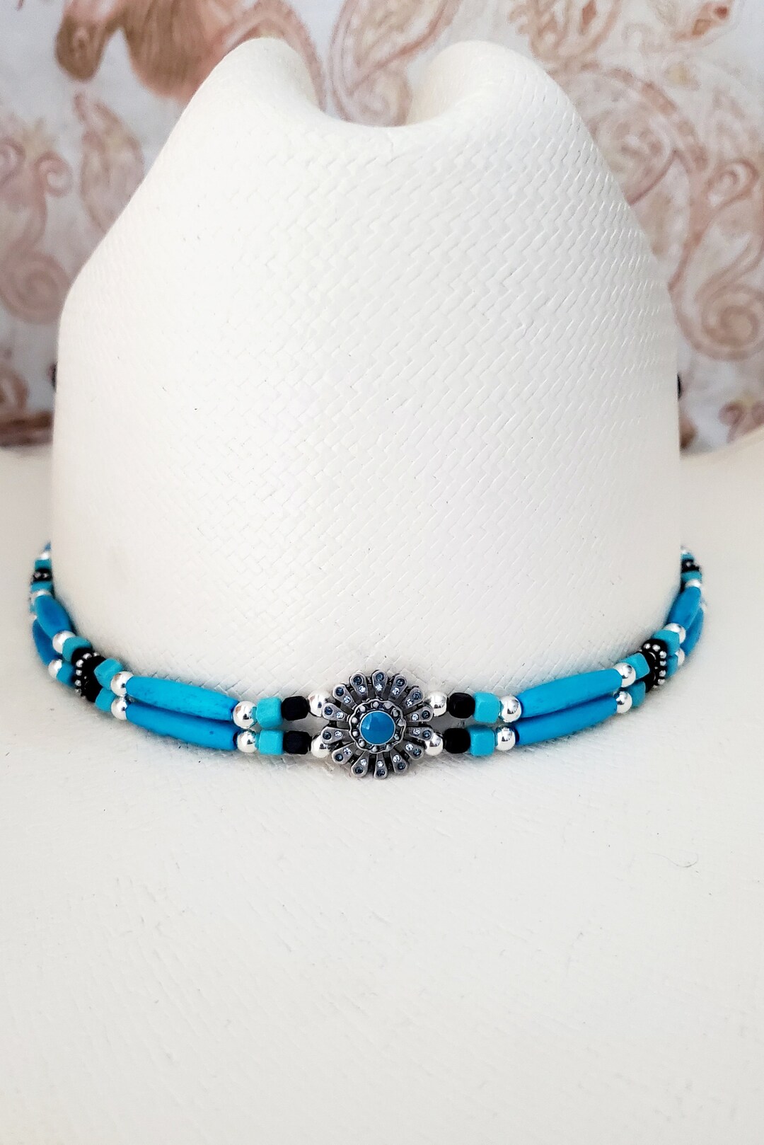 Concho Beaded Hat Band With Turquoise Hairpipe Beads, Silver Plated ...