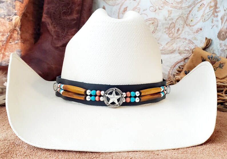 Texas Star Concho Leather Hat Band With Brown Hairpipe Beads - Etsy