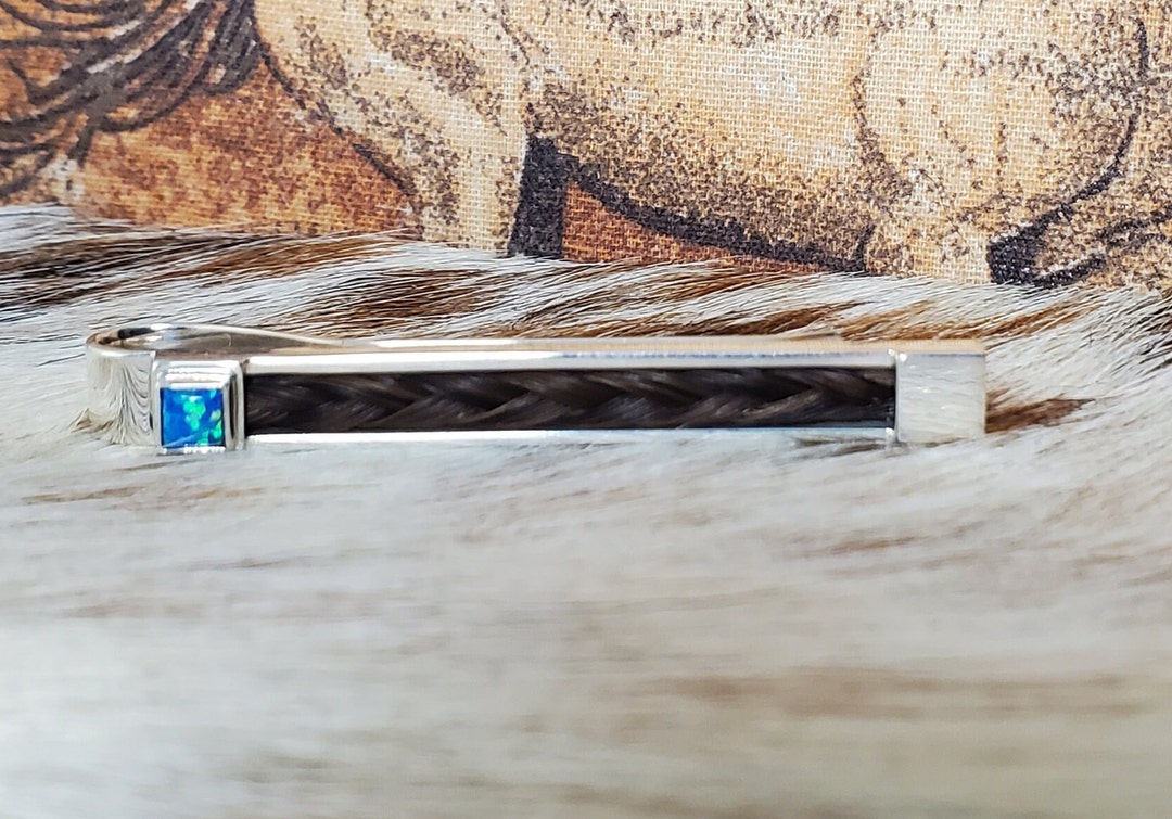 Tie Slide Bar Clip Horse Hair Keepsake With Blue Synthetic Opal and 925 ...