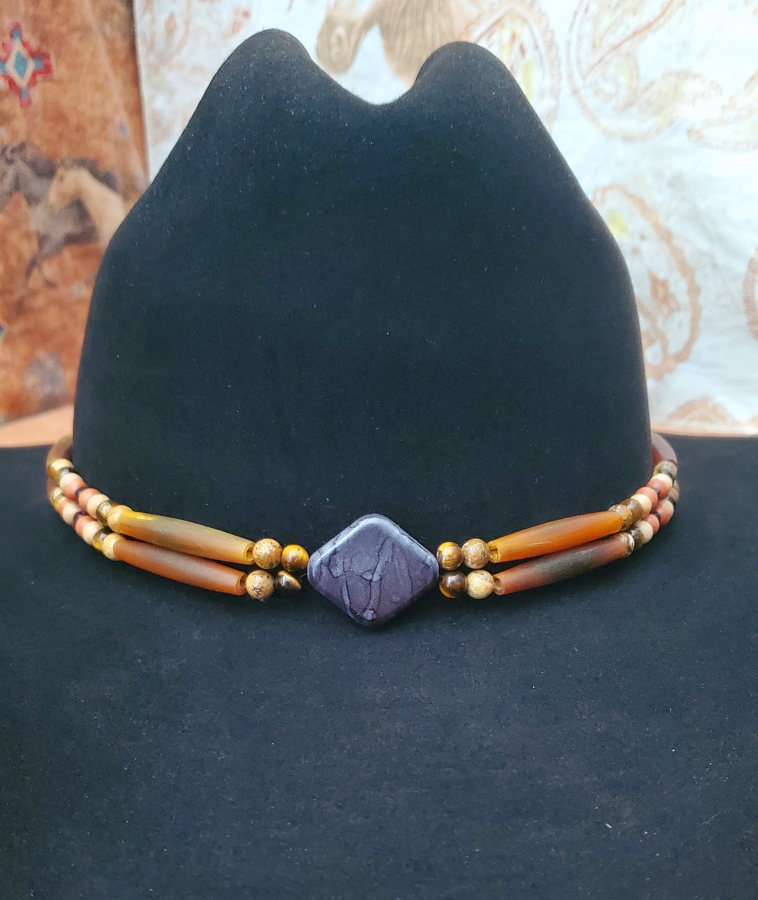 Western Cowboy Hat Band With Goldenamber Horn Hairpipe Beads, Tiger Eye ...