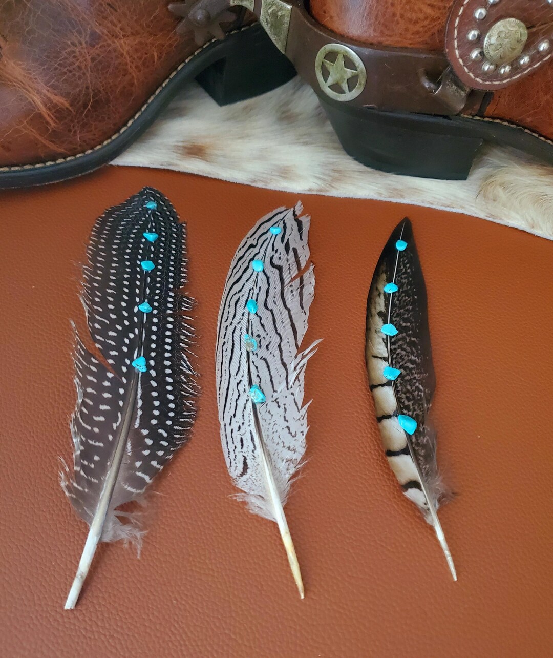 Hat Feather With Turquoise Faux Stone, Spotted Feather Decoration for ...