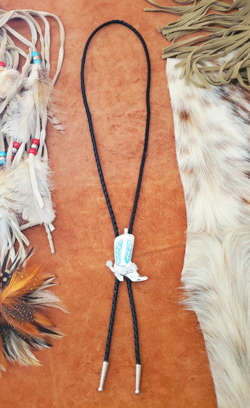 Western Bolo Tie With Silver Cowboy Boot Centerpiece, Black Braided ...