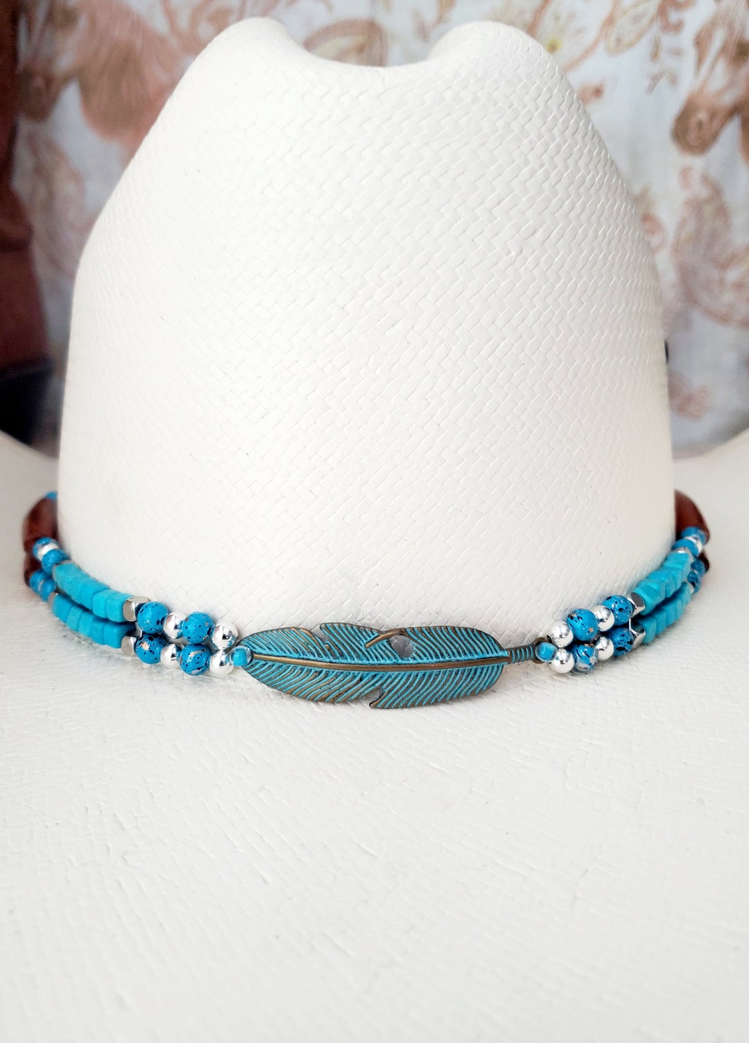 Turquoise Feather Hat Band Handmade With Buffalo Horn Hairpipe ...