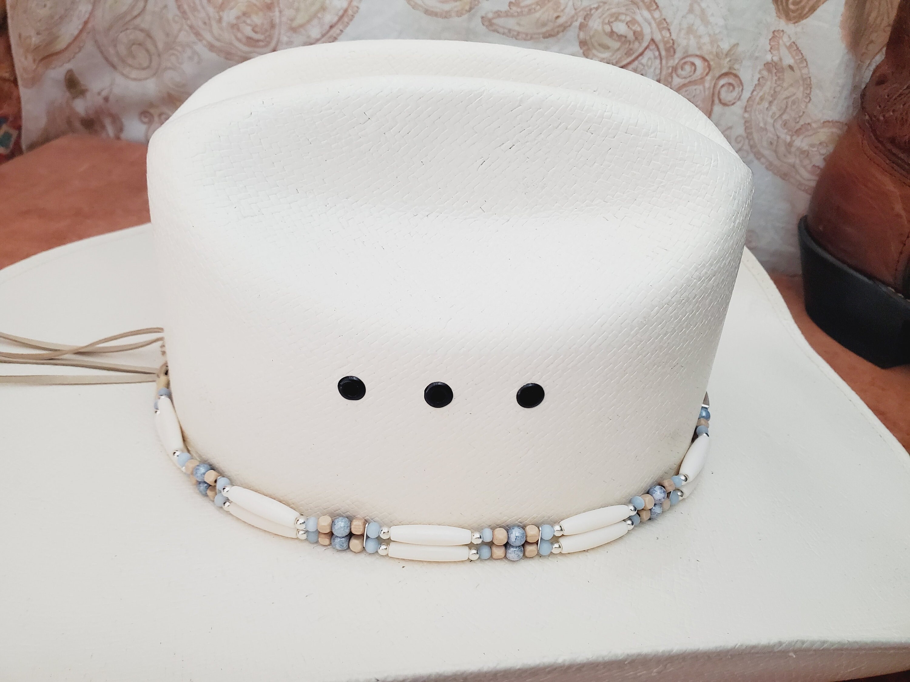 Hat Band Handmade From Light Blue and Wood Accent Beads and Buffalo ...