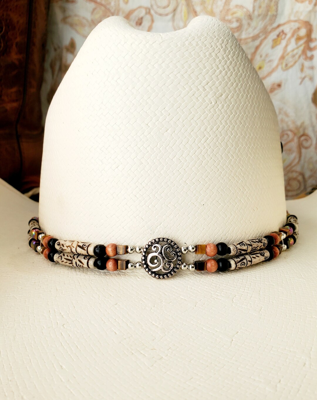 Hat Band With Bone Beads, Tiger's Eye, Silver Accent Beads, Handmade ...