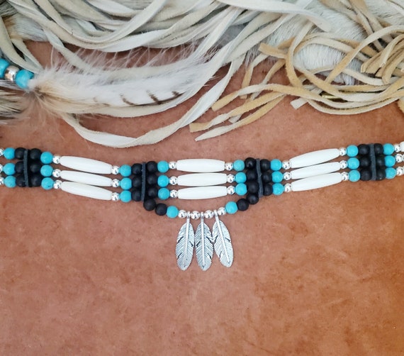Native American Indian style Choker Bone Hairpipe Traditional Tribal Choker Handmade Turquoise Black Silver Arrowhead Feather