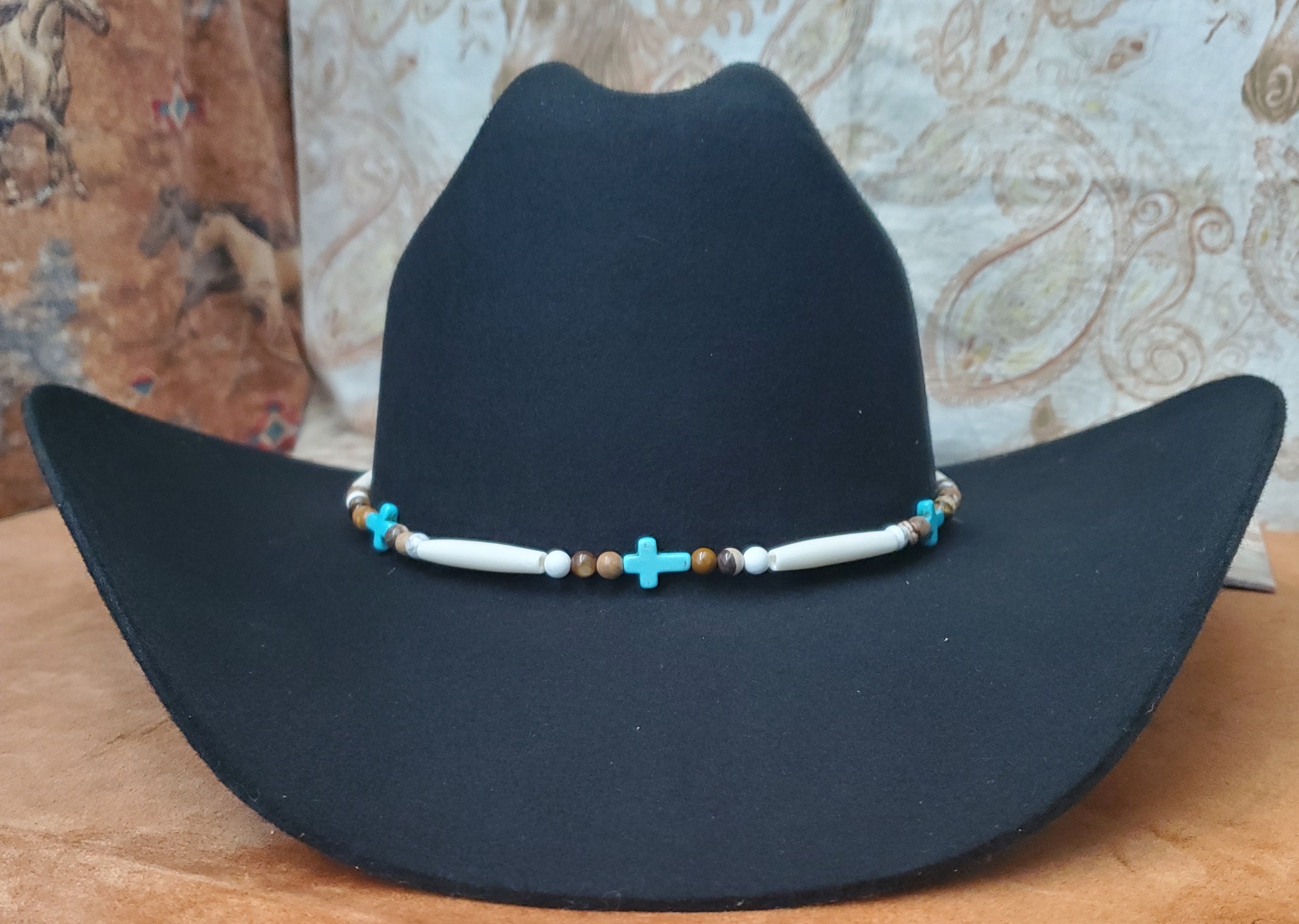Cross Hat Band, Western Bone or Turquoise Howlite Cross and Hairpipe ...