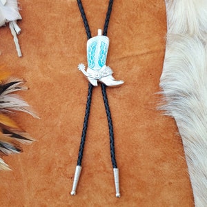 Western Bolo Tie With Silver Cowboy Boot Centerpiece, Black Braided ...