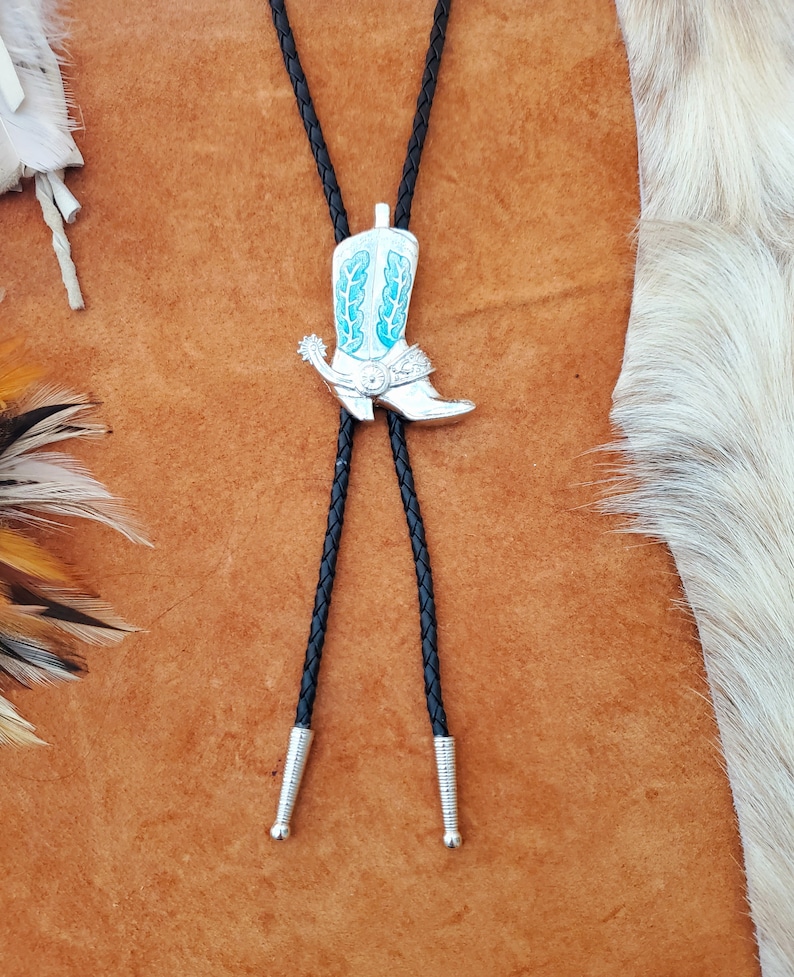 Western Bolo Tie With Silver Cowboy Boot Centerpiece, Black Braided ...