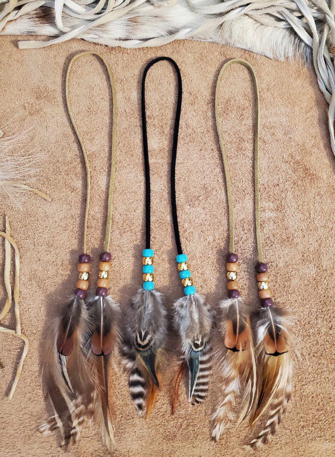 Leather Hair Wrap Tie With Beads and Feathers Choice of - Etsy