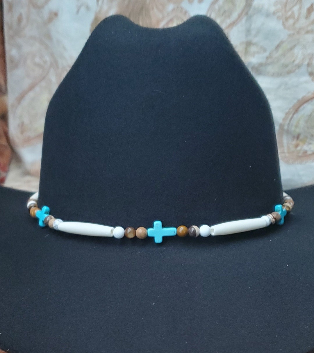 Cross Hat Band, Western Bone or Turquoise Howlite Cross and Hairpipe ...