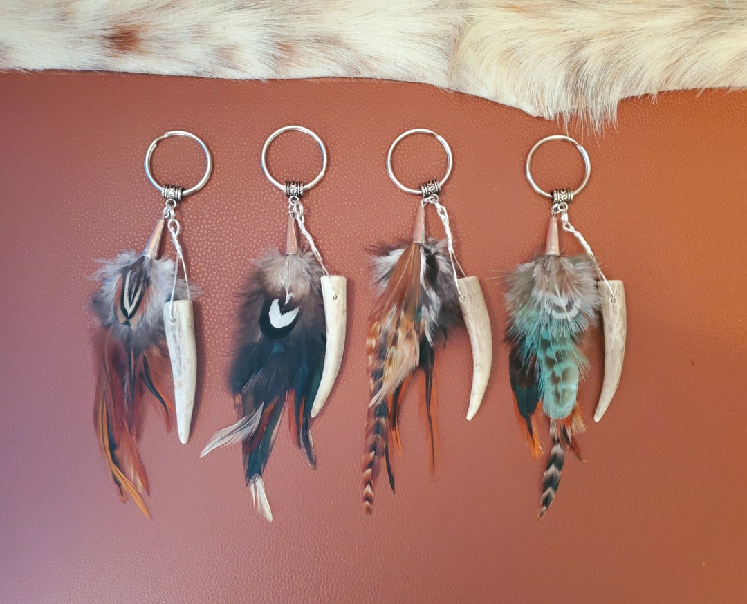 Keychain With Deer Horn Antler Tip and Feathers, Handmade Keyring ...